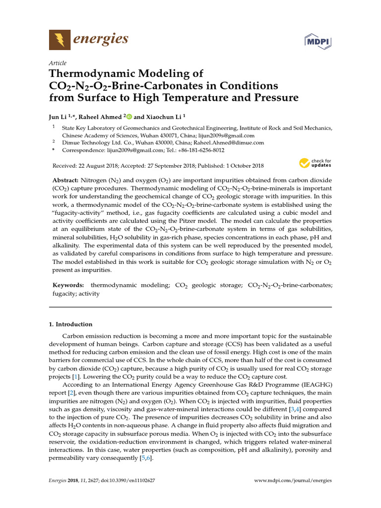 Thermodynamic - Modeling - of - CO2 N2 O2 Brine Carbonat | PDF