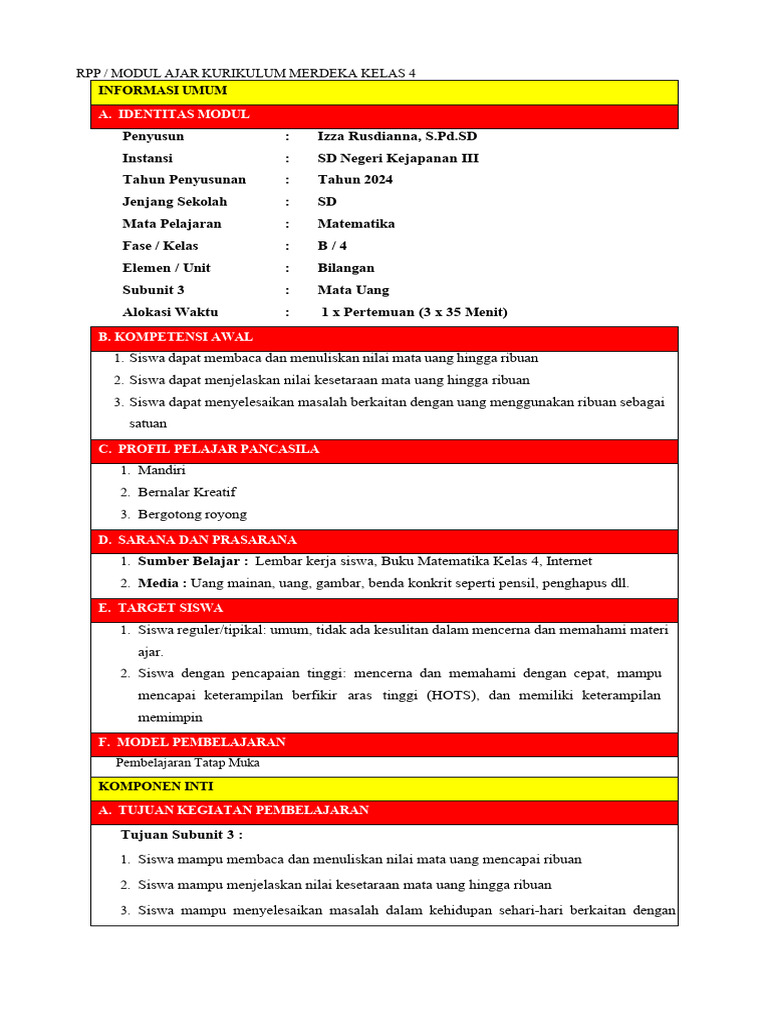 Modul Ajar MTK Kls 4 | PDF