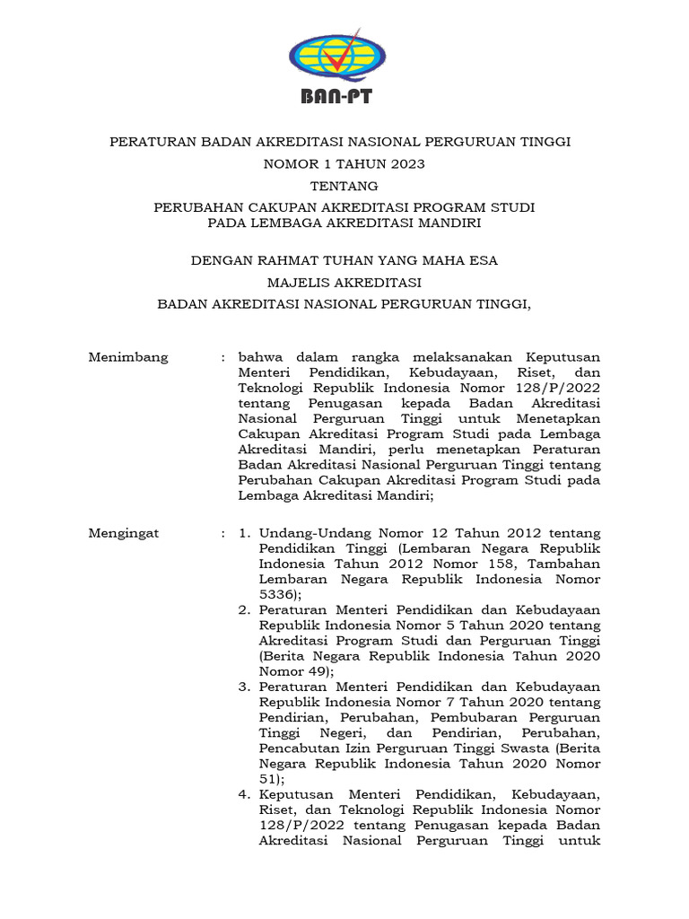 Peraturan BAN PT Nomor 1 2023 Perubahan Cakupan Prodi Di LAM | PDF