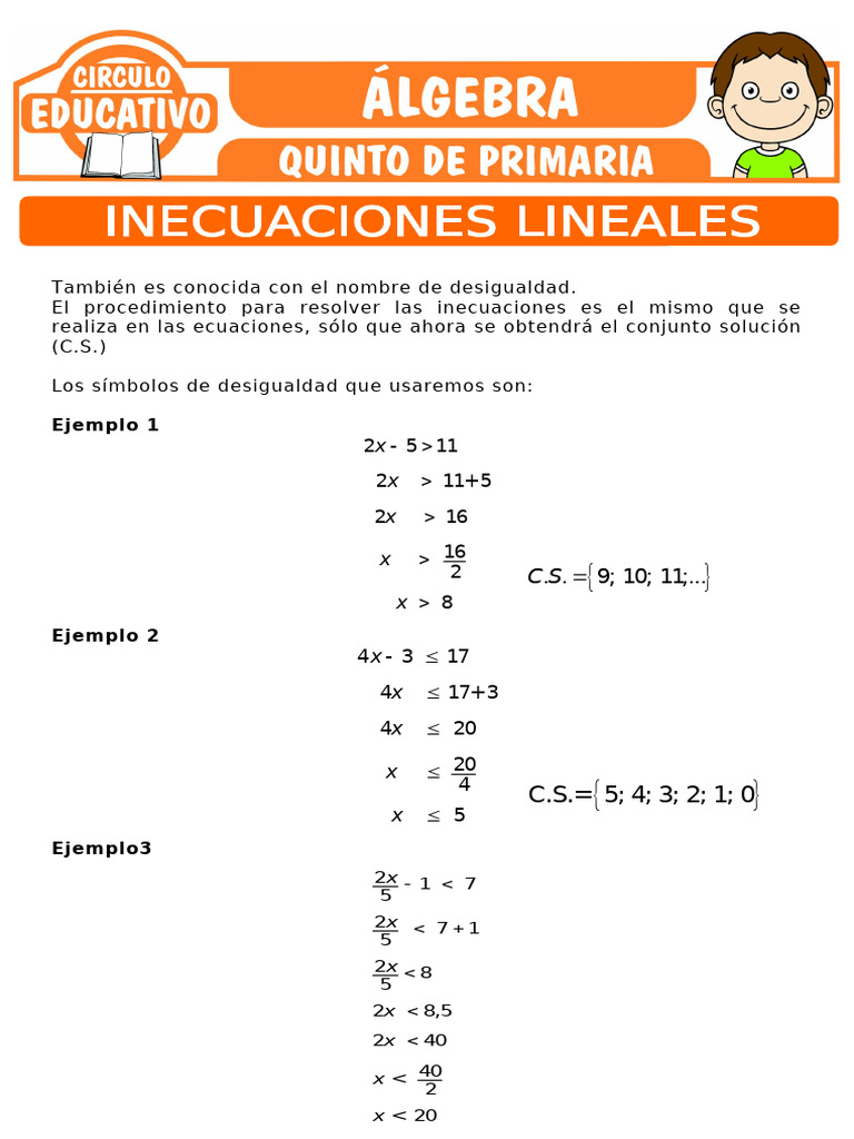 Inecuaciones Lineales para Quinto de Primaria | PDF