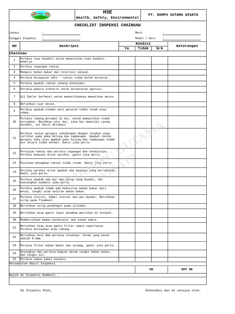 Form Inspeksi Mesin Chainsaw | PDF