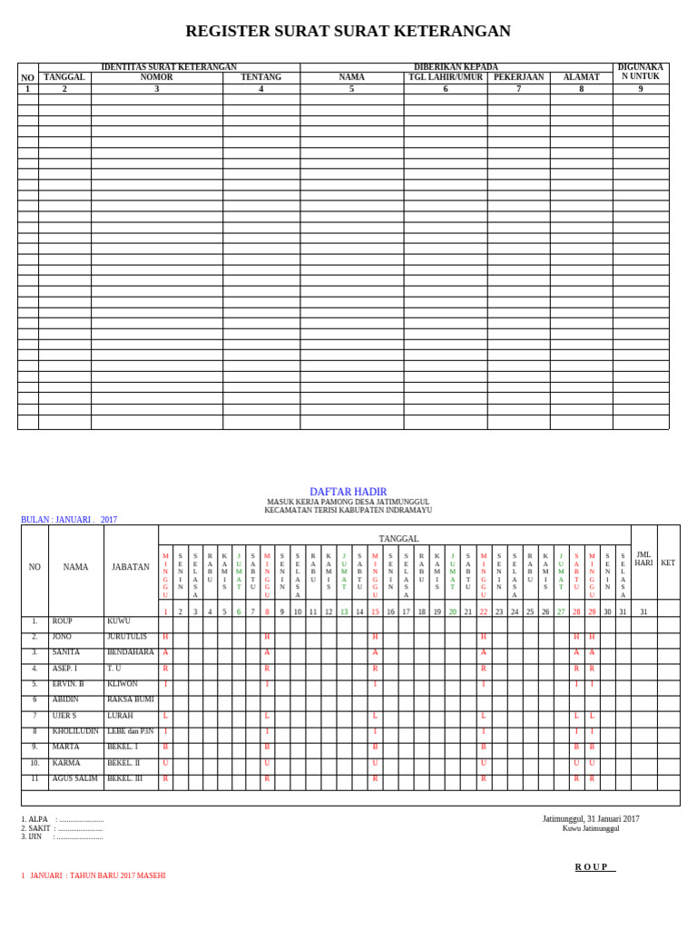 Daftar Hadir Pamong Desa Dan Register Surat2 Keterangan | PDF