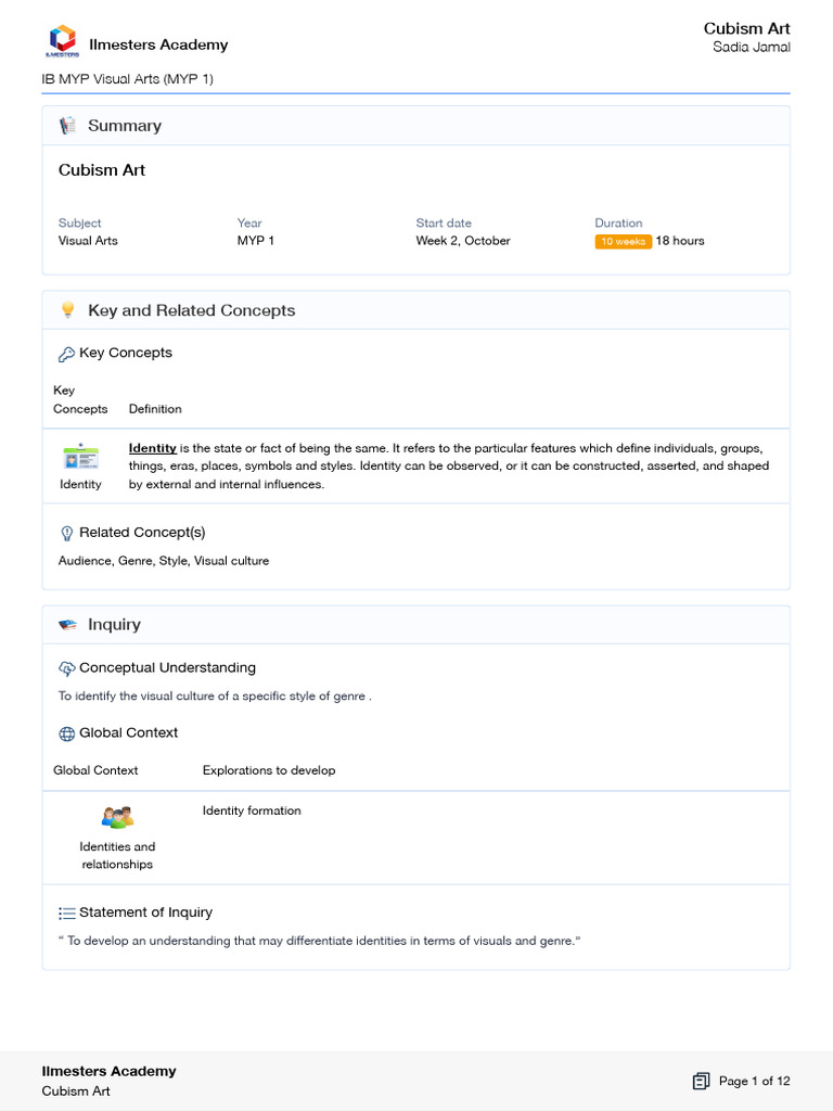 Cubism Art Unit plan for myp visual art | PDF