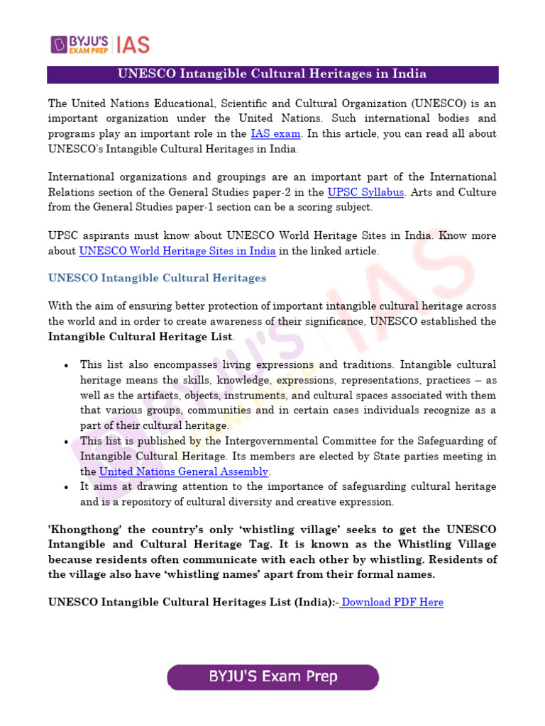 UNESCO Intangible Cultural Heritages in India | PDF