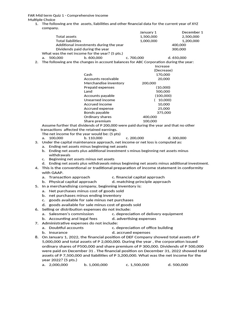 FAR Mid Term Quiz 1 Comprehensive Income | PDF | Income | Expense