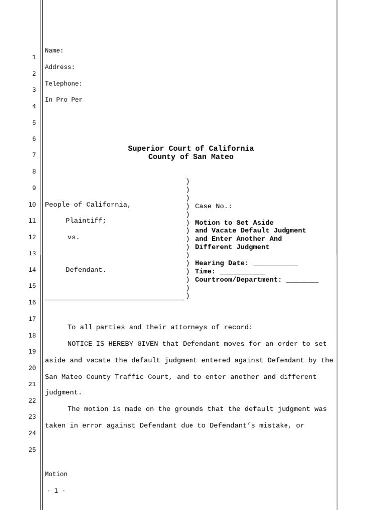 Motion To Vacate Default Judgment | PDF | Default Judgment | Judgment (Law)