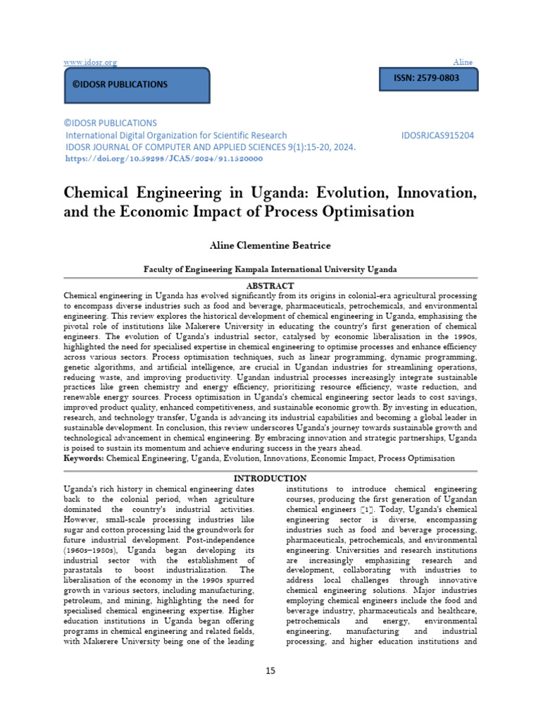 Chemical Engineering in Uganda: Evolution, Innovation, and The Economic Impact of Process ...
