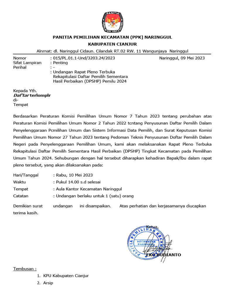 Undangan Rapat Pleno DPSHP Pemilu 2024 | PDF