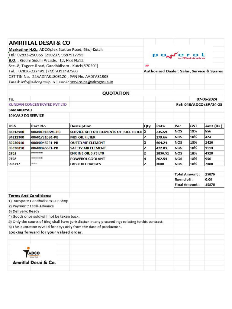 DG-10 Kva - 2 Nos - Service Quotation. | PDF