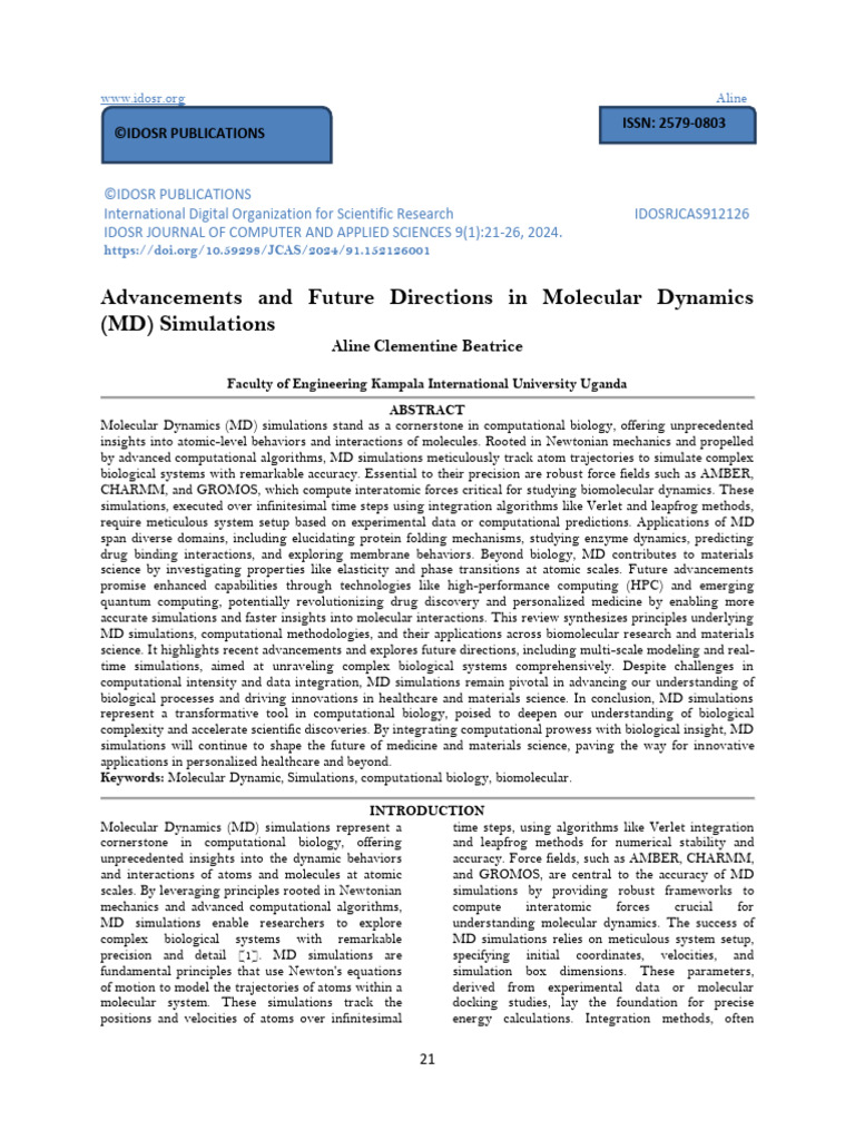 Advancements and Future Directions in Molecular Dynamics (MD ...
