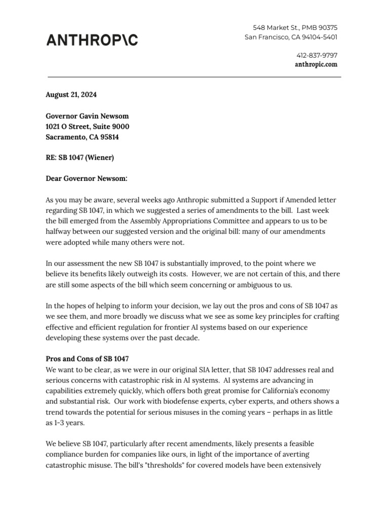 Anthropic Letter (SB 1047) | PDF | Artificial Intelligence ...