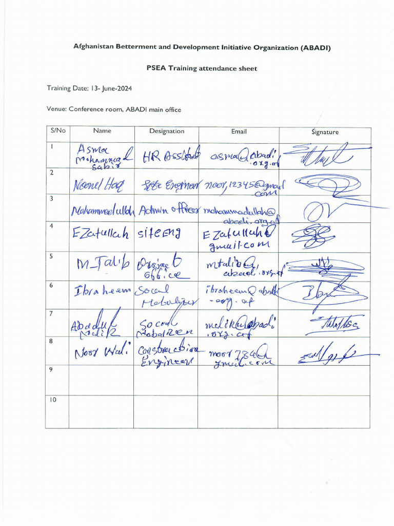 PSEA Training Attendance Sheet | PDF