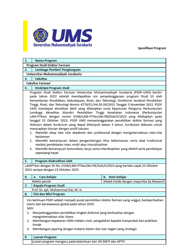 PEO-PLO Spesifikasi-Program-Studi-Doktor-Farmasi-UMS | PDF