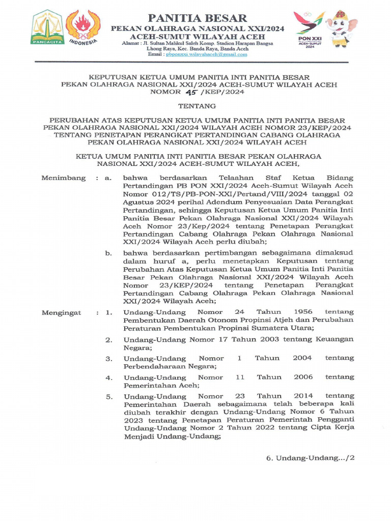 SK-45 PB PON-Perangkat Pertandingan Perubahan CABOR | PDF