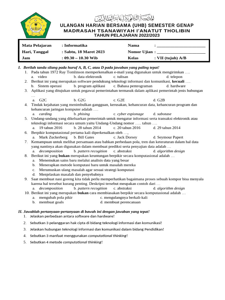 Soal Informatika Uhb Vii A+b Genap 2022-2023 | PDF