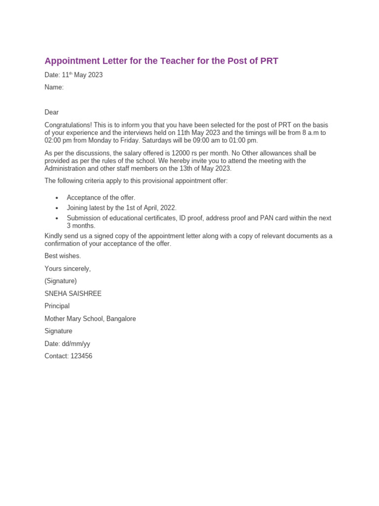 Appointment Letter For The Teacher For The Post of PRT | PDF