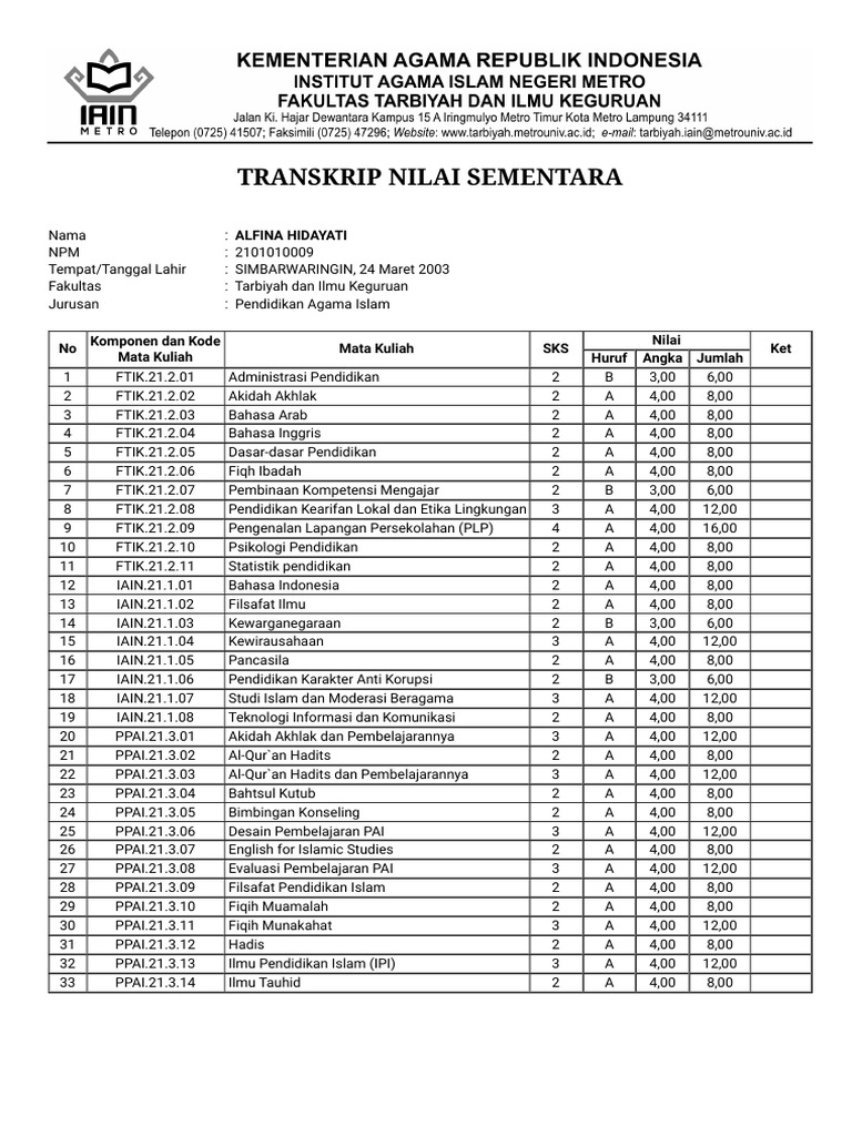 Cetak Transkrip Nilai Sementara NEW ALFINA | PDF