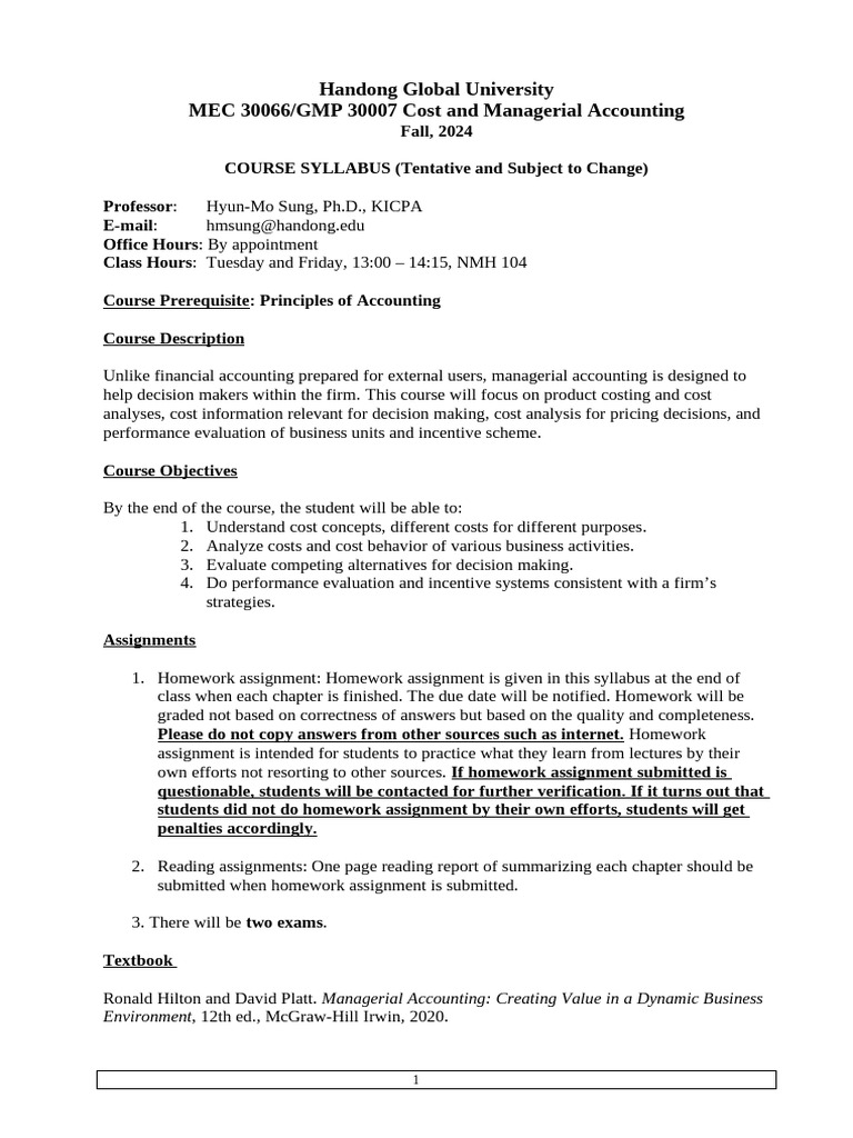 Cost and Managerial Accounting Syllabus Fall 2024 | PDF