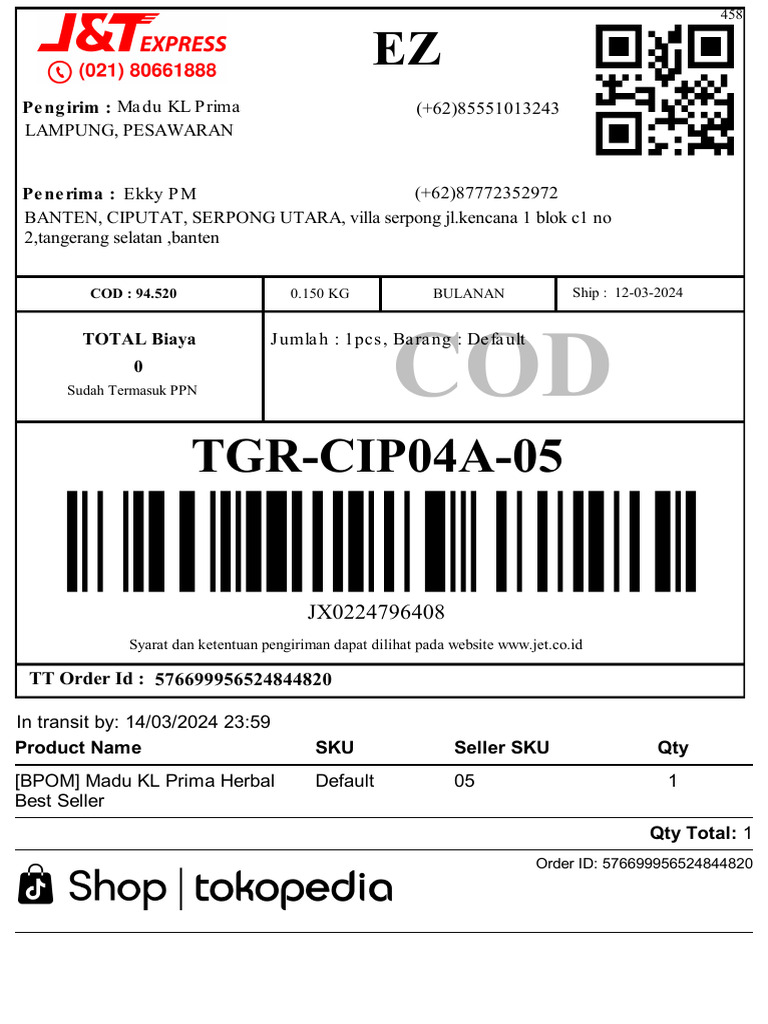 Resi KL Prima JNT (Tiktok) 12 Maret 2024 | PDF