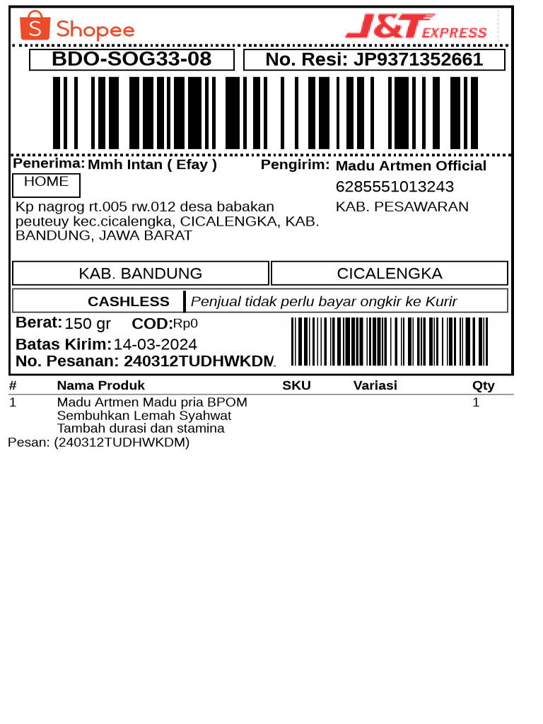 Resi Artmen JNT (Shopee) 13 Maret 2024 | PDF