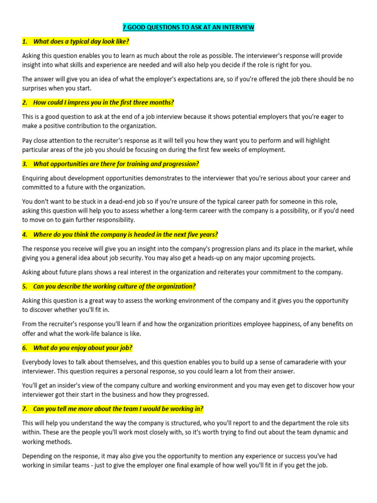 7 Good Questions To Ask at An Interview | PDF