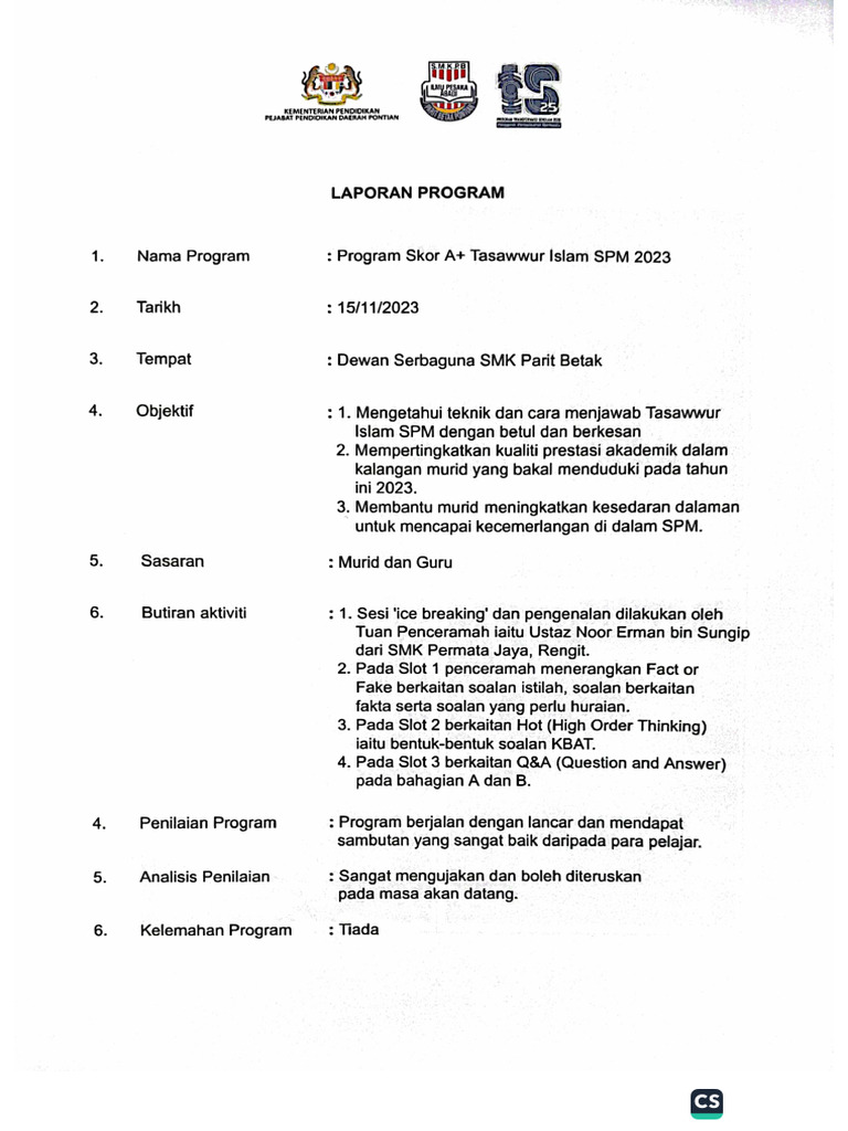 Laporan Program Skor a+ Tasawwur Islam SPM 2023 | PDF