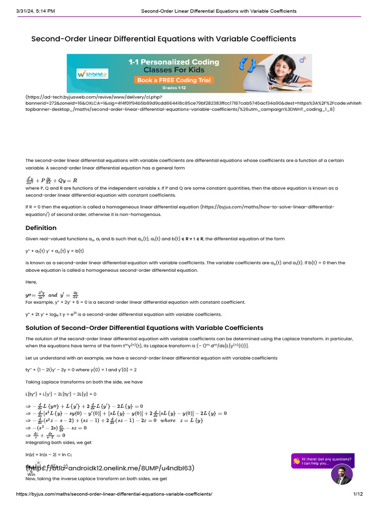 Second Order Linear Differential Equations With Variable Coefficients Pdf