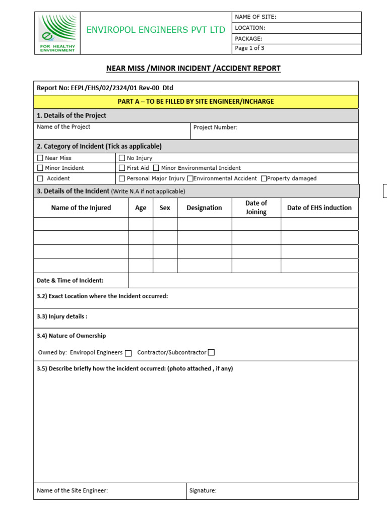 Near Miss, Incident & Accident Report Format - Site | PDF