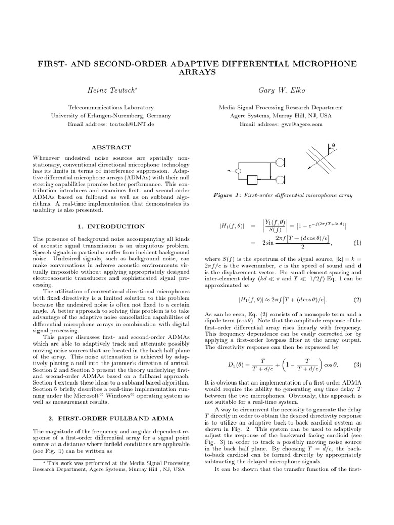 Heinz Teutsch Gary W. Elko: First-And Second-Order Adaptive Differential Microphone Arrays | PDF