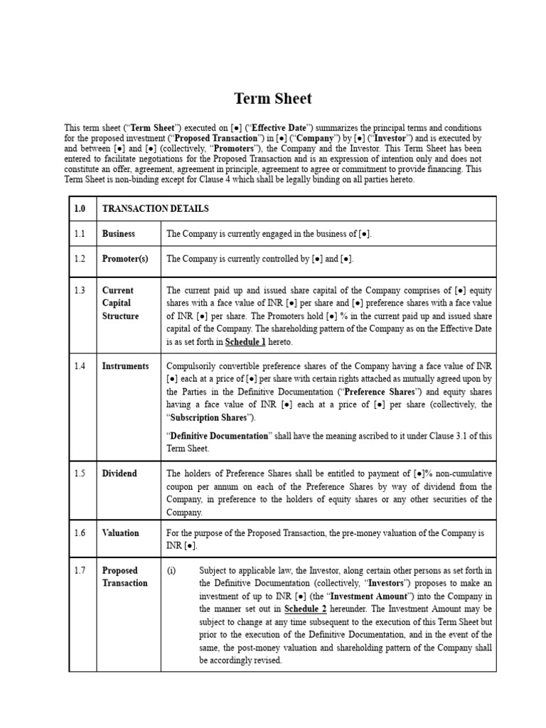 Term Sheet (CCPS) - Template | PDF