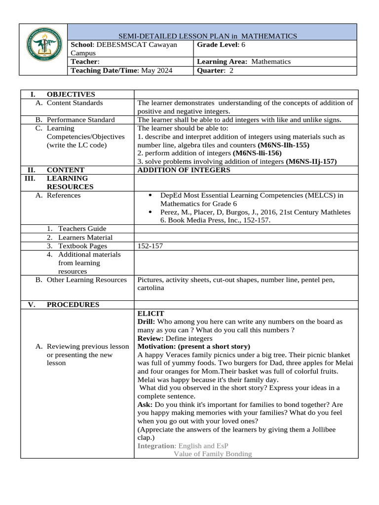 Lesson Plan Math 6 | PDF
