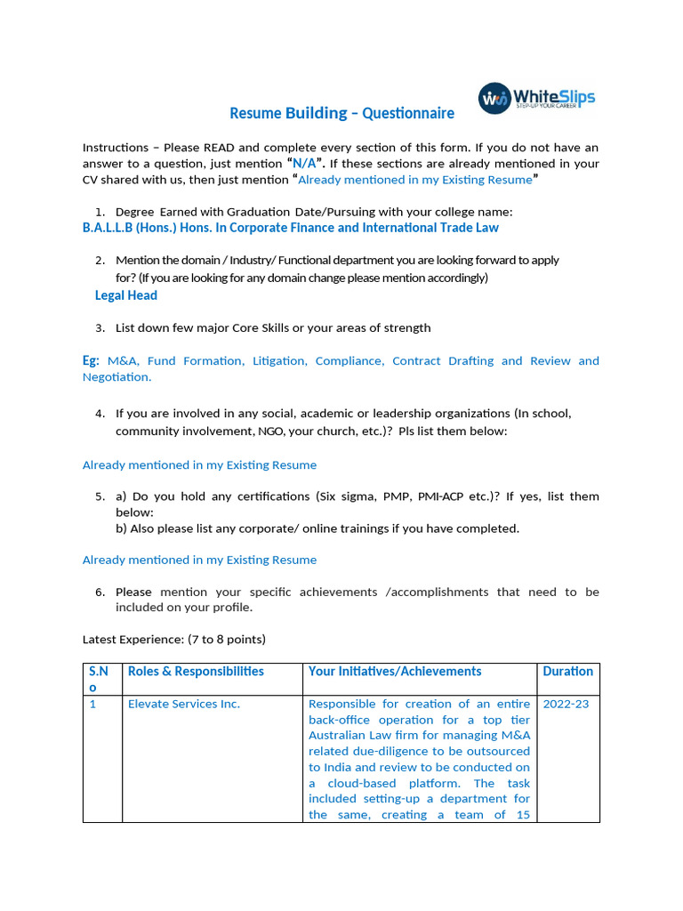 Resume Questionnaire | PDF