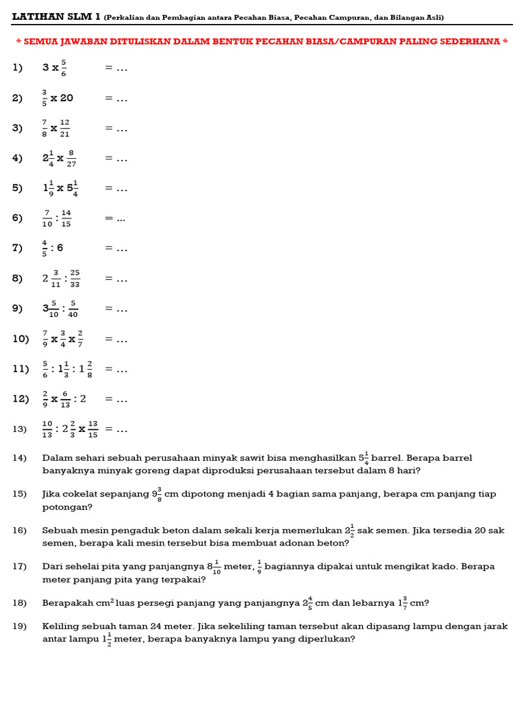 LAT SLM 1 (Kali Bagi Pec. Biasa, Campuran, Bil. Asli) | PDF