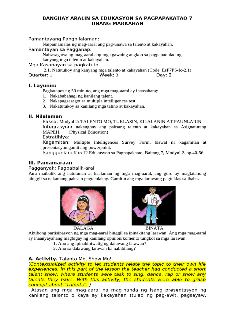 EsP 7 Contextualized Lesson Plan | PDF | Learning | Self-Improvement