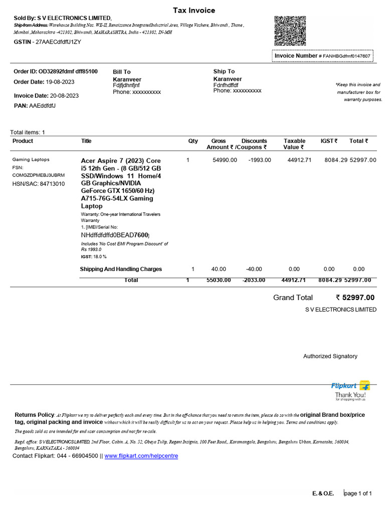Flipkart Bill PDF