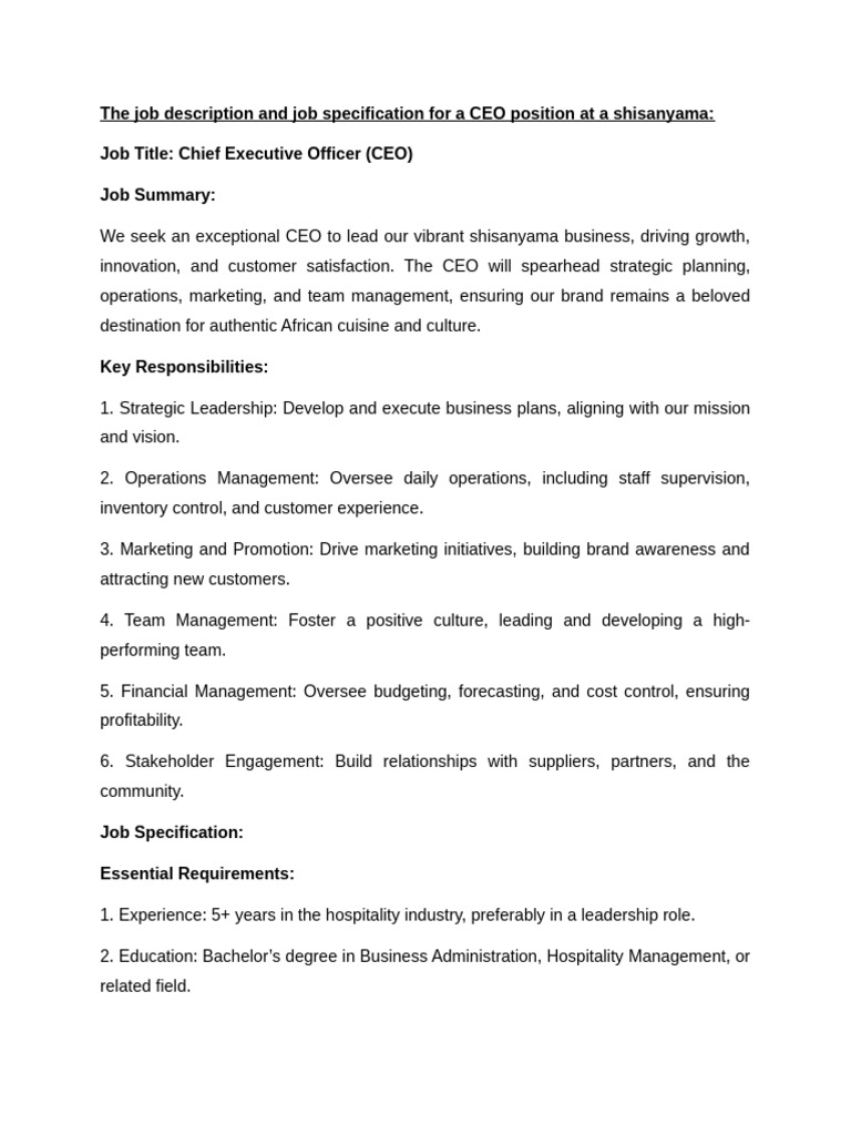 The Job Description and Job Specification For A CEO Position at A ...