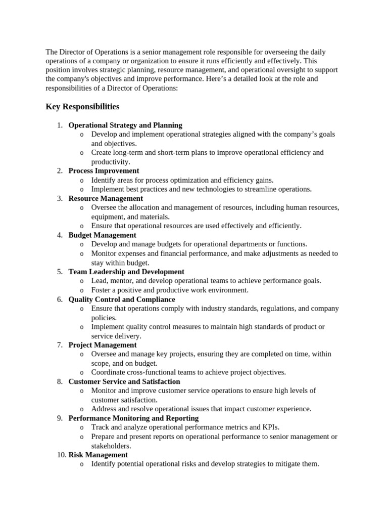 Director of Operations Responsibilities | PDF | Performance Indicator ...