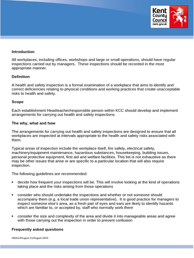 Health and Safety Inspections Guidance and Example Checklist | PDF ...