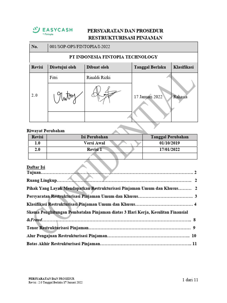 SOP - Persyaratan Dan Prosedur Restrukturisasi Pinjaman - Easycash | PDF
