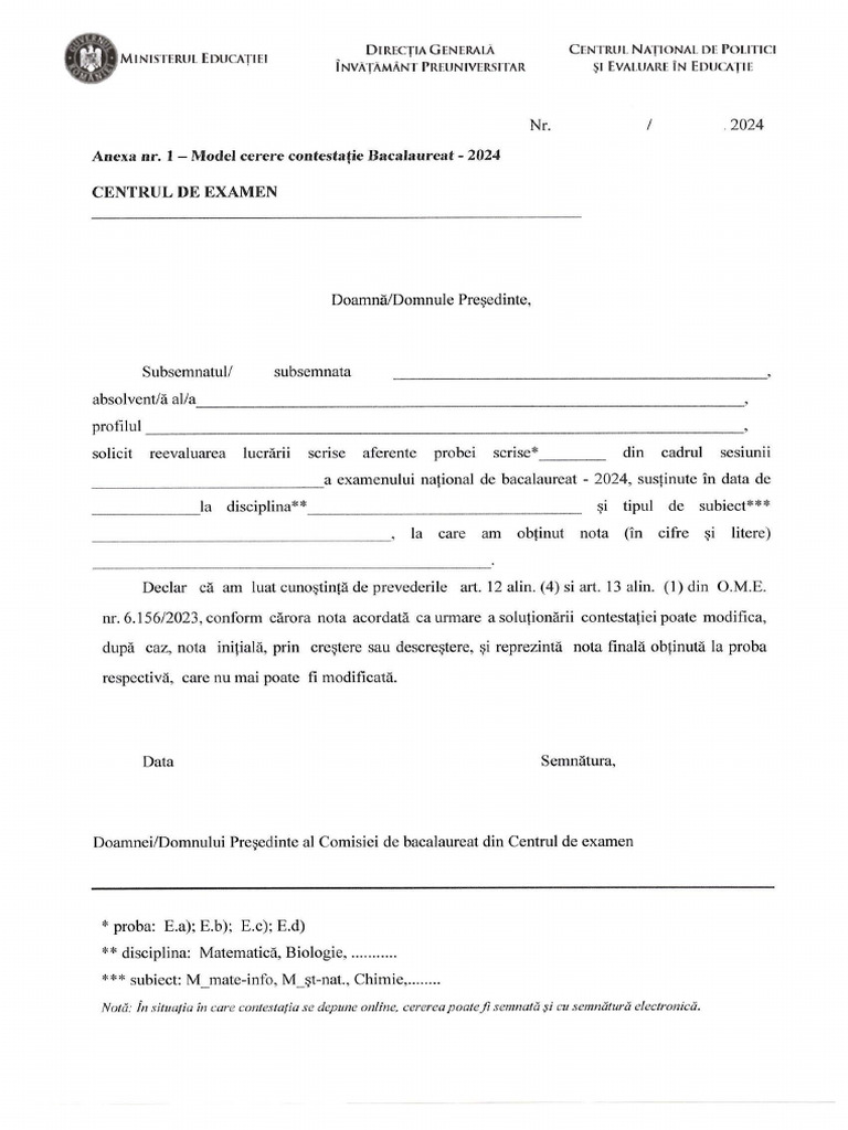 Model Cerere Contestatie Bacalaureat 2024 | PDF