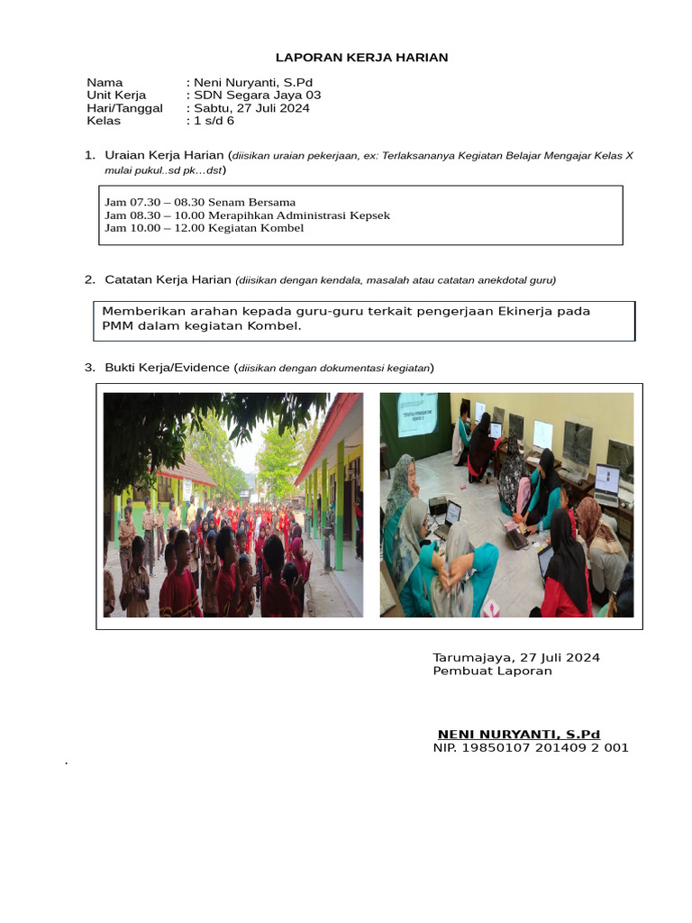 Laporan Kerja Harian Kepsek | PDF