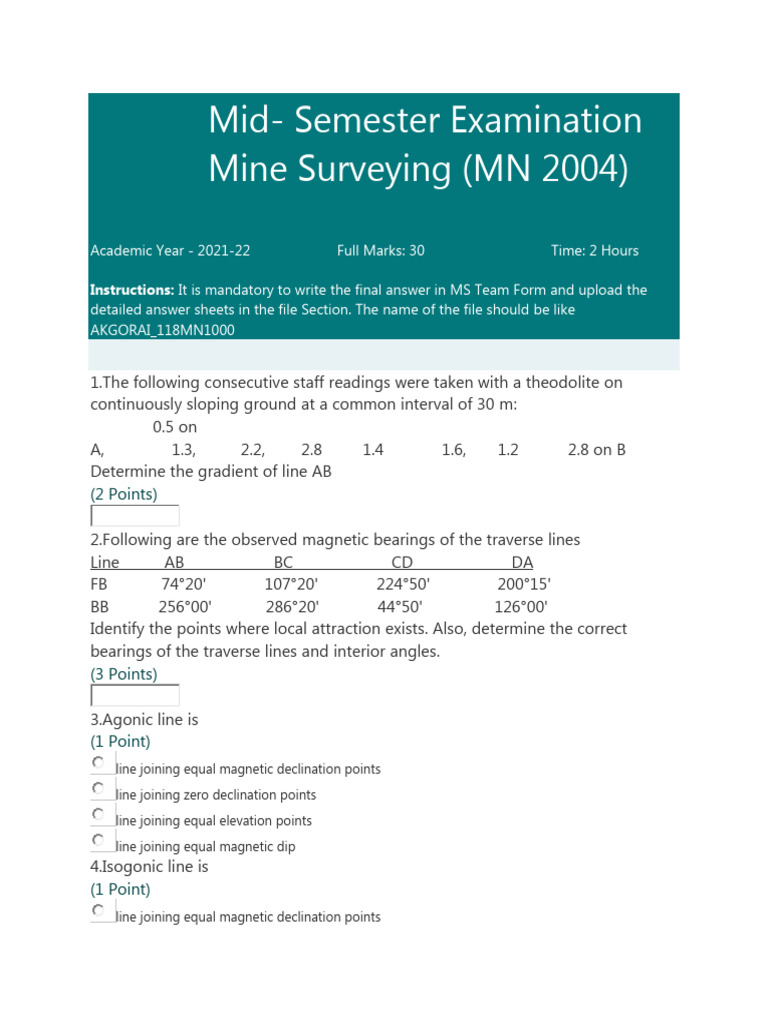Mine surveying mid sem 2021 | PDF