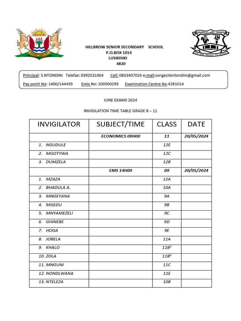 June Timetable 2024 Grade 8 - 11 2024 | PDF