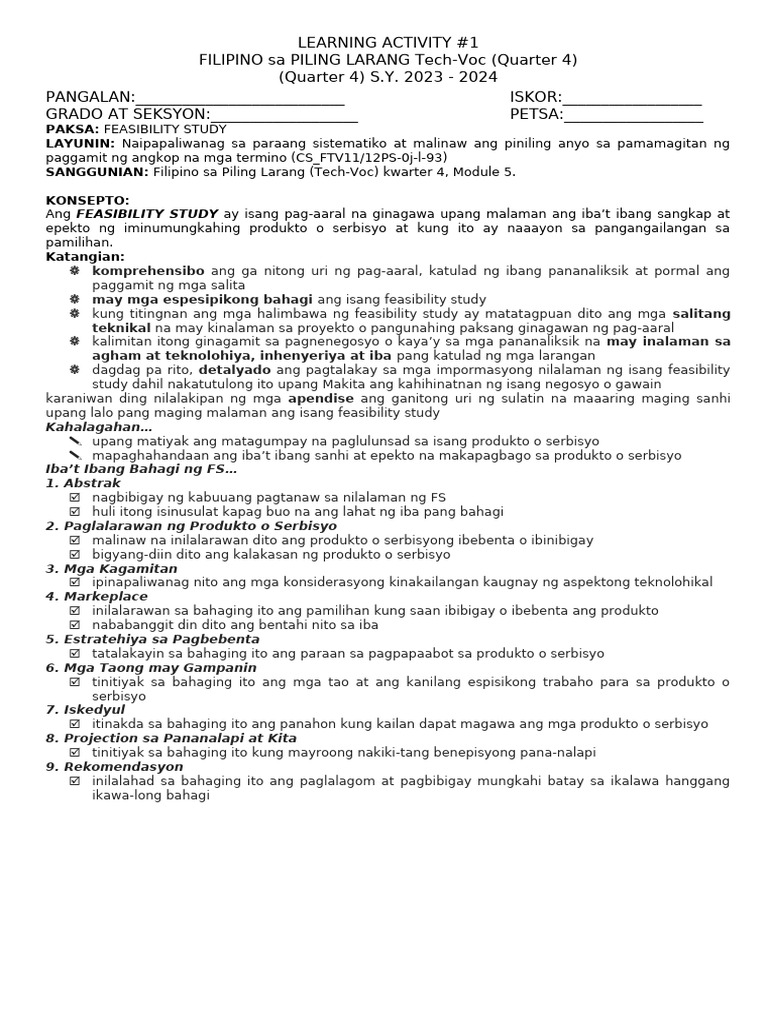 Filipino Sa Piling Larang (Feasibility Study) Activity Sheets | PDF