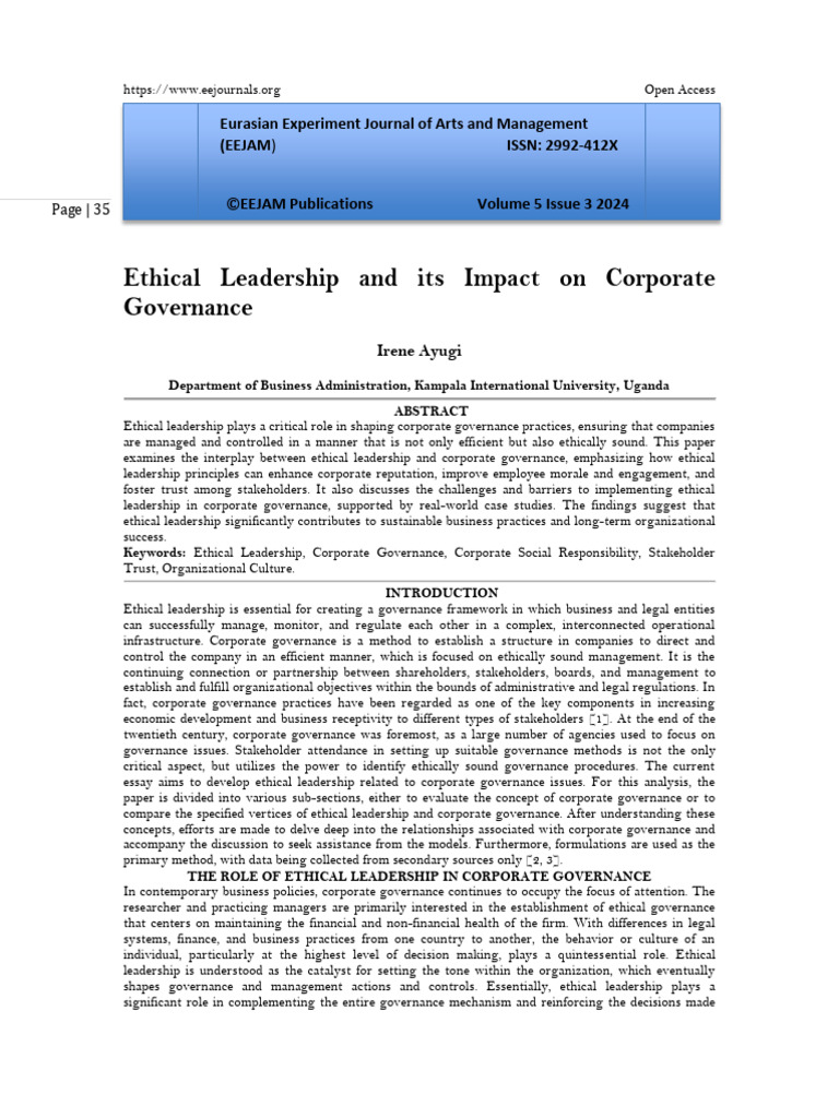 Ethical Leadership in Corporate Governance | PDF | Governance | Career ...