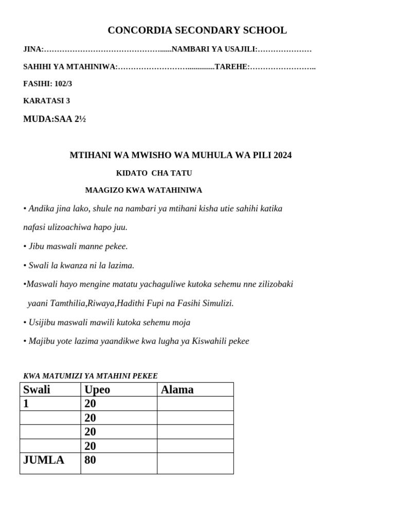 Kiswahili f4 Pp3 2024 Qs | PDF