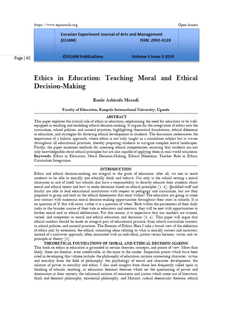 Ethics in Education: Teaching Moral and Ethical Decision-Making | PDF