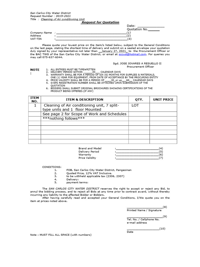 Request For Quotation Form 0019 2021 Aircon Maintenance | PDF