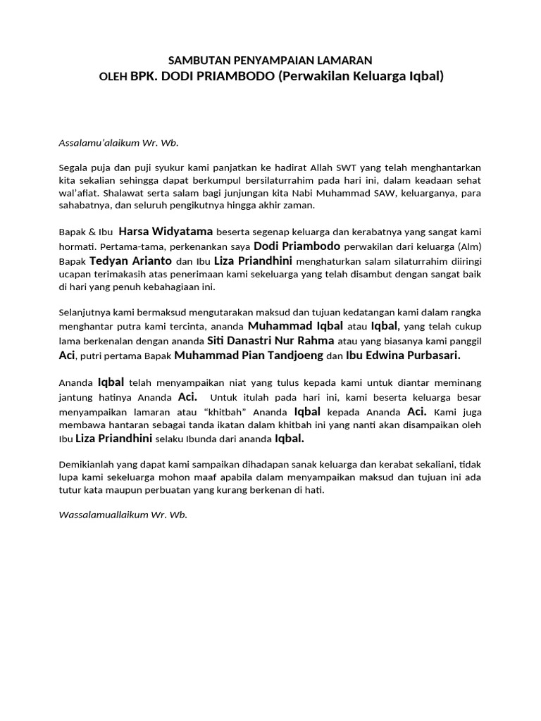 Teks Sambutan Penyampaian Lamaran (Keluarga CPP) | PDF