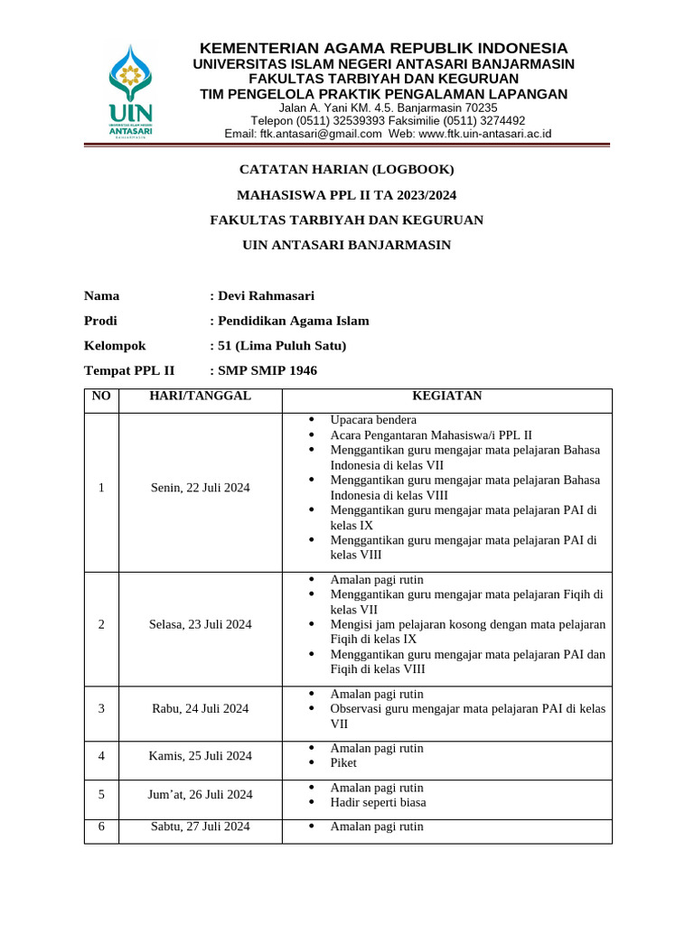 Logbook PPL II Mahasiswa 2023/2024 | PDF